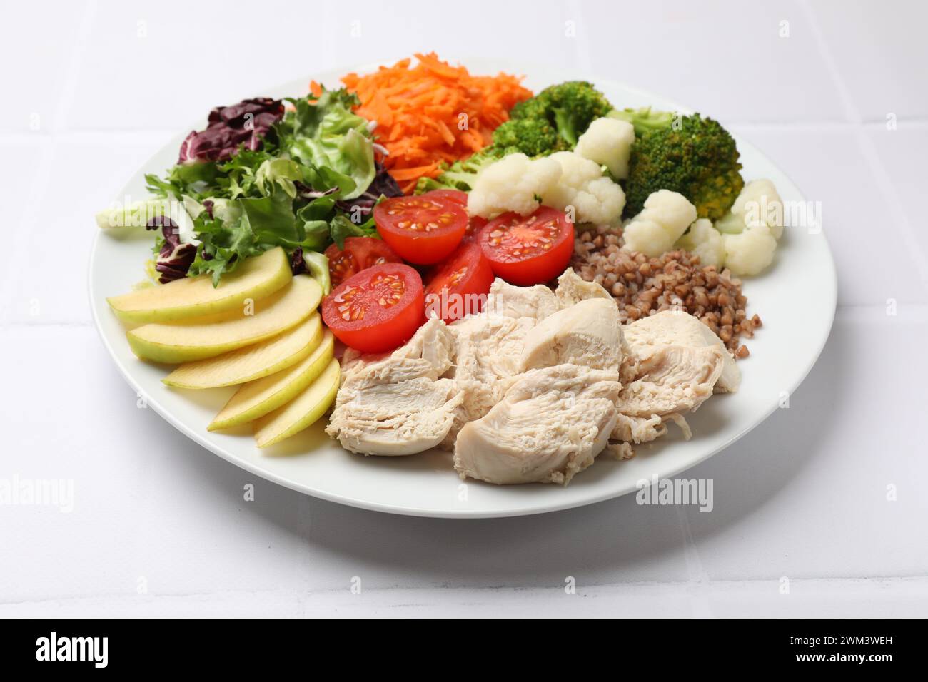 Balanced diet and healthy foods. Plate with different delicious ...