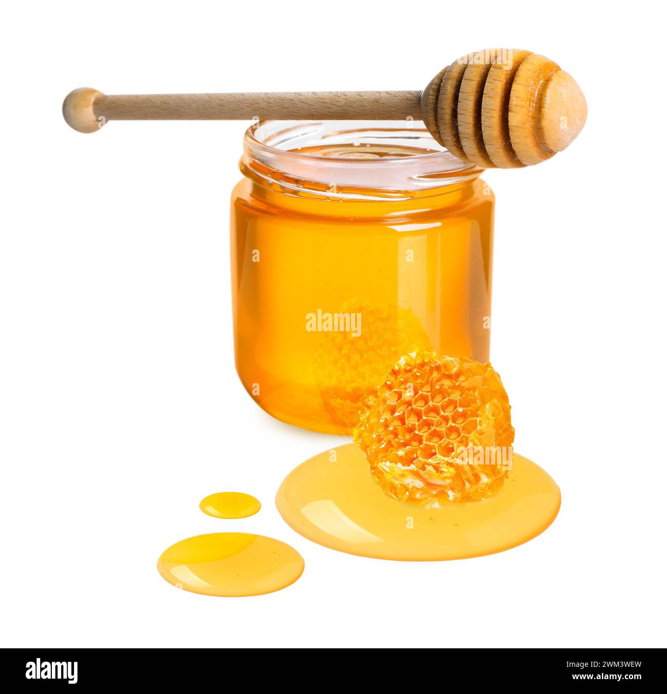Natural honey in jar, wooden dipper and piece of honeycomb on white ...
