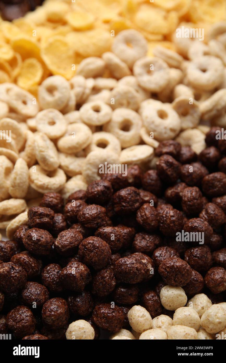 Different types of breakfast cereals as background, closeup Stock Photo ...