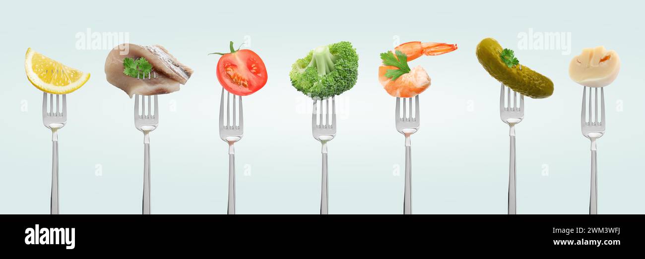 Forks with different food products on light grey background, collection ...
