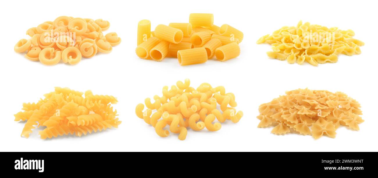 Different types of pasta isolated on white, set Stock Photo - Alamy