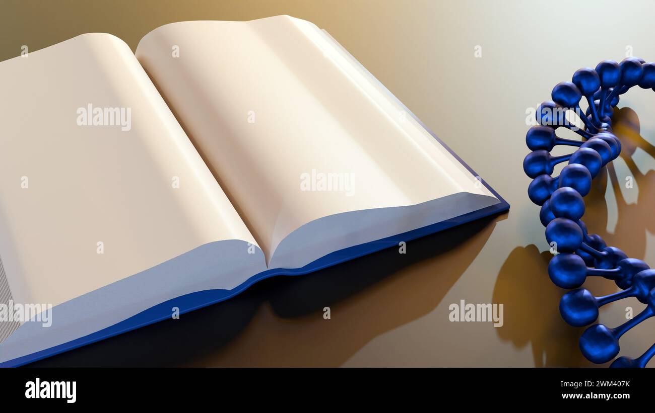 3d rendering of a open book and a DNA helix Stock Photo - Alamy