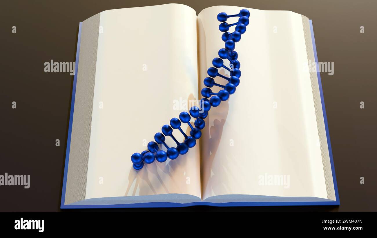 3d rendering of a open book and a DNA helix Stock Photo - Alamy