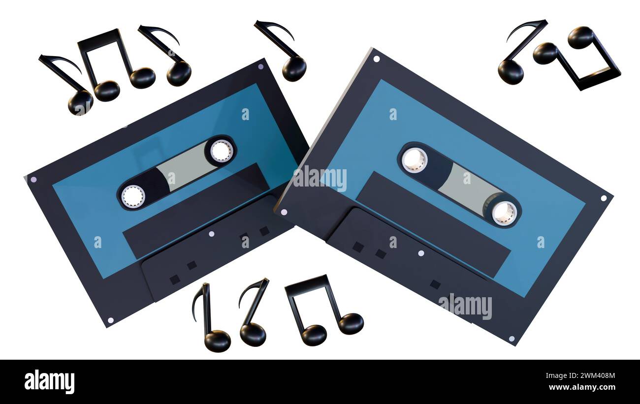 3d rendering of cassette and musical notes on the white background ...