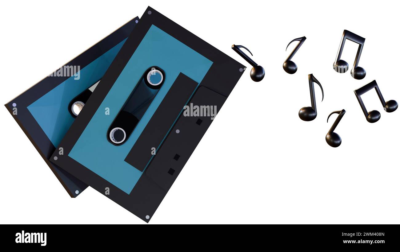 3d rendering of cassette and musical notes on the white background ...