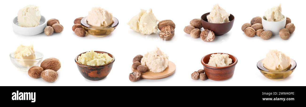 Collage of shea butter on white background Stock Photo - Alamy