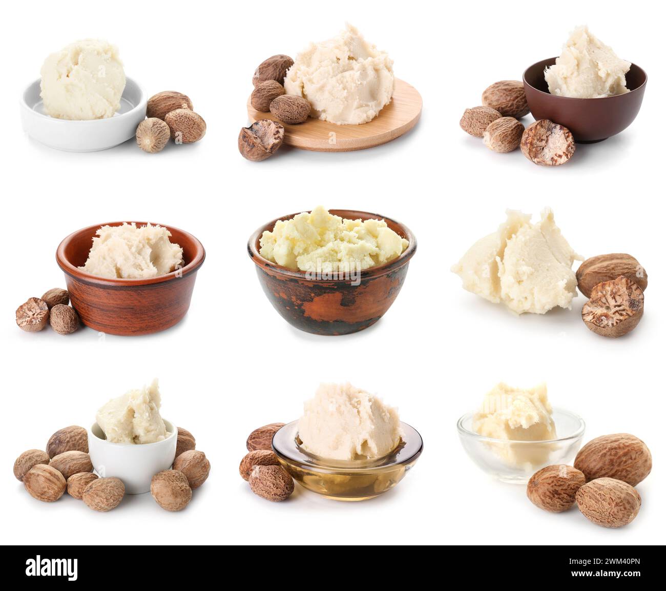 Collage of shea butter on white background Stock Photo - Alamy