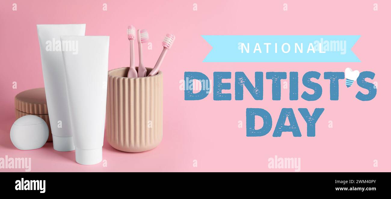 Banner for National Dentist's Day with toothpaste, brushes and dental ...