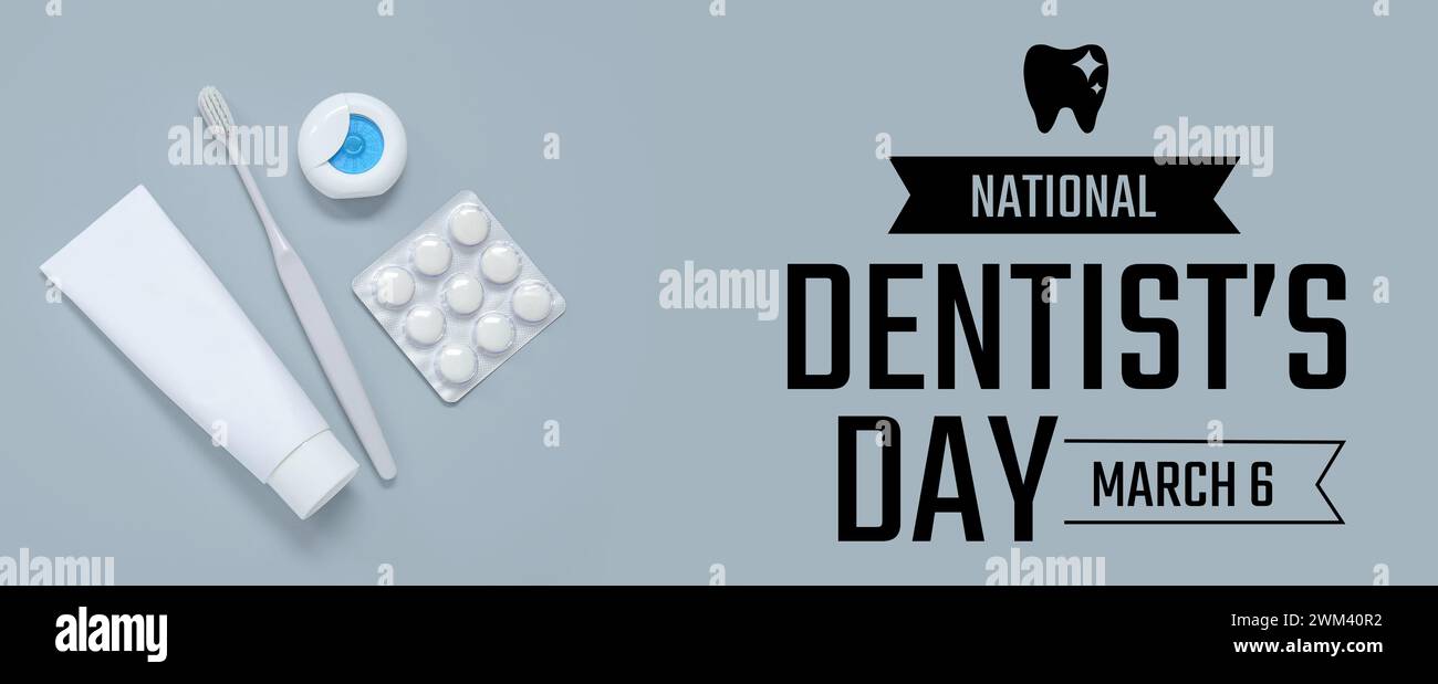 Banner for National Dentist's Day with toothpaste. brush, dental floss ...