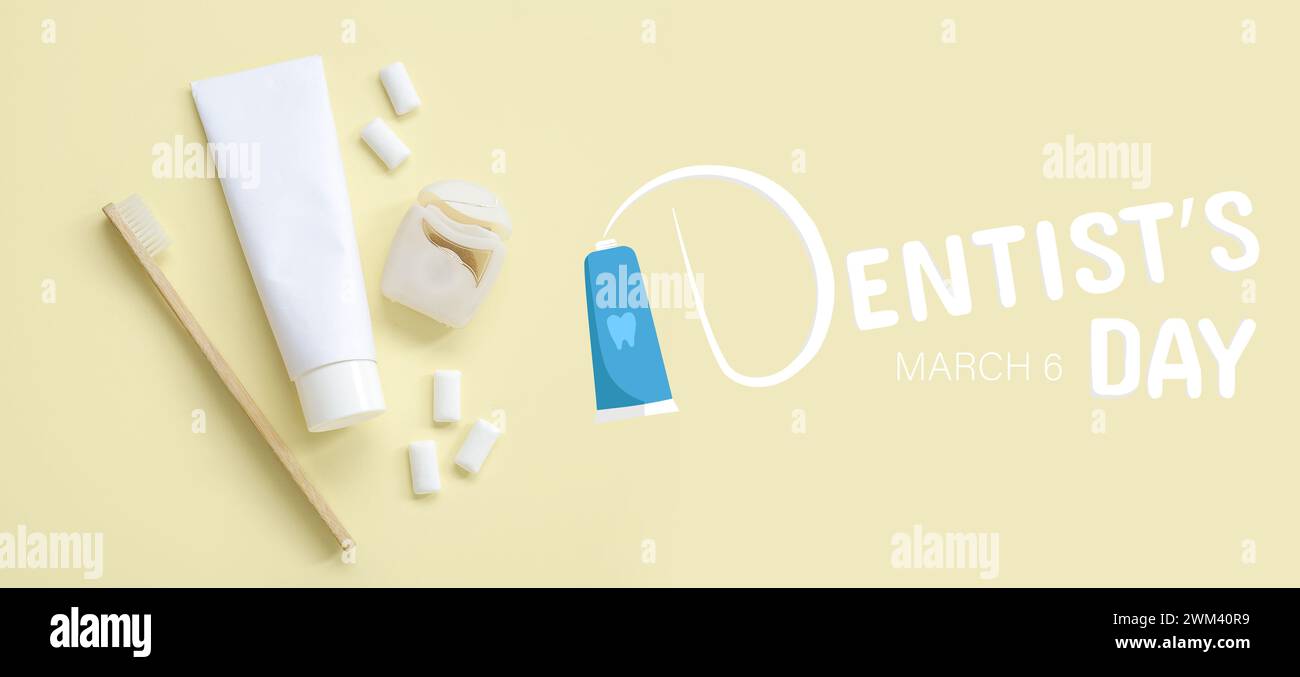 Banner for National Dentist's Day with toothpaste. brush, dental floss ...
