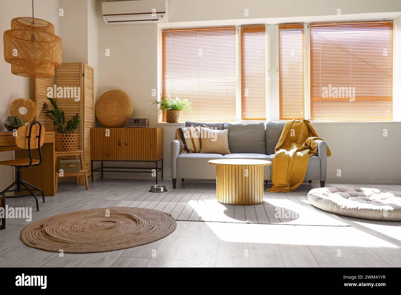 Interior of stylish living room with grey sofa near window Stock Photo ...