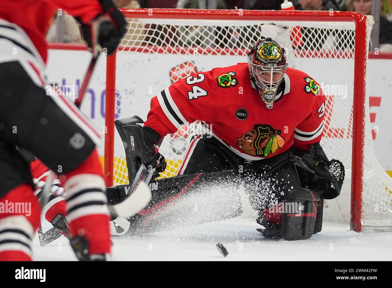 Chicago Blackhawks goaltender Petr Mrazek eyes the puck during the ...
