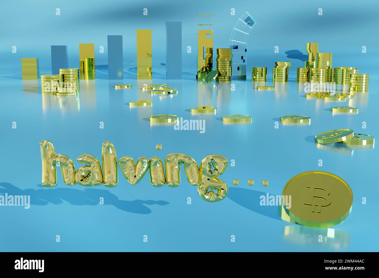 3d render of inflated letters spelling out halving with bar graph and ...