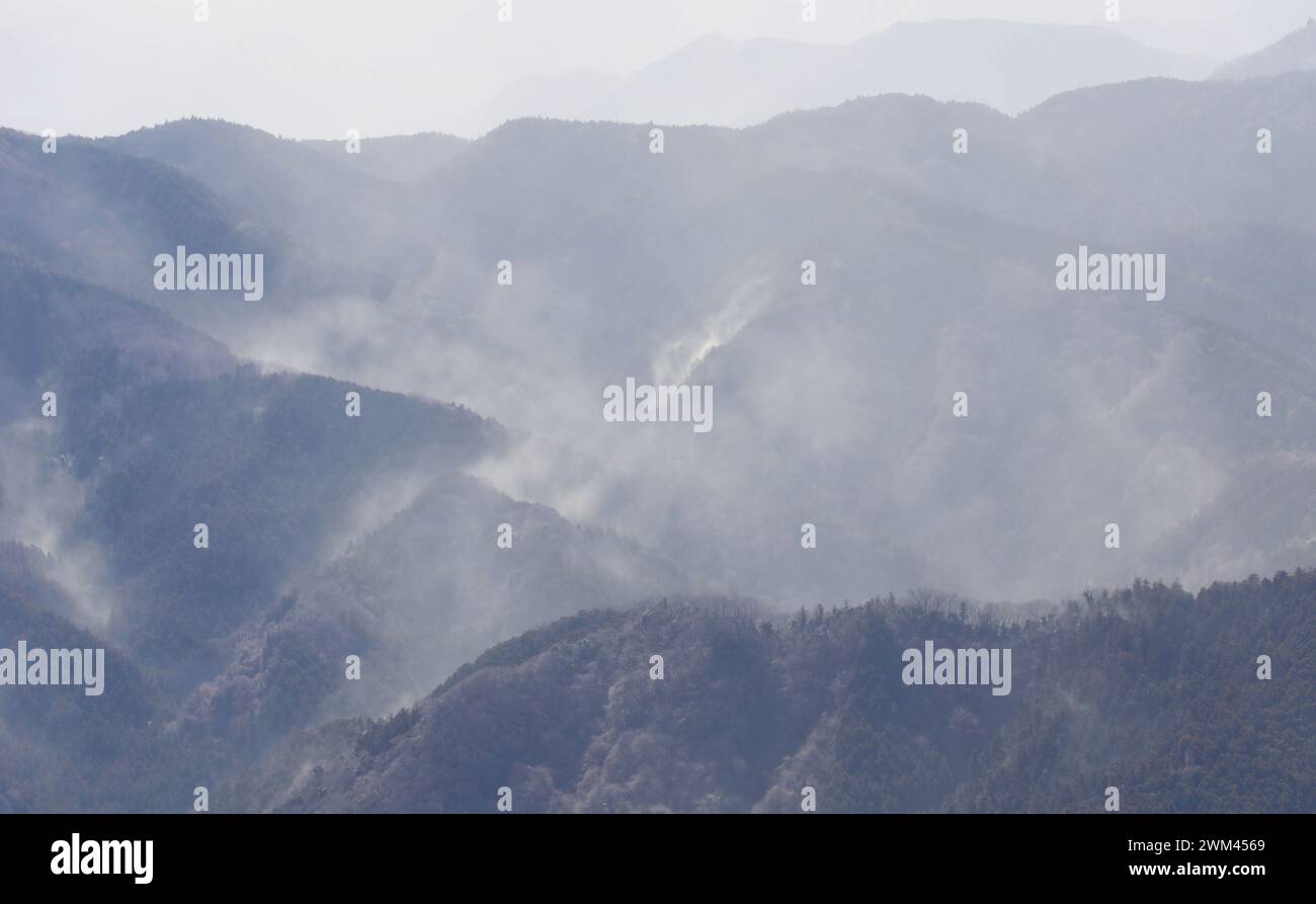 An aerial photo shows pollen scattering from the forest in Fujioka City ...