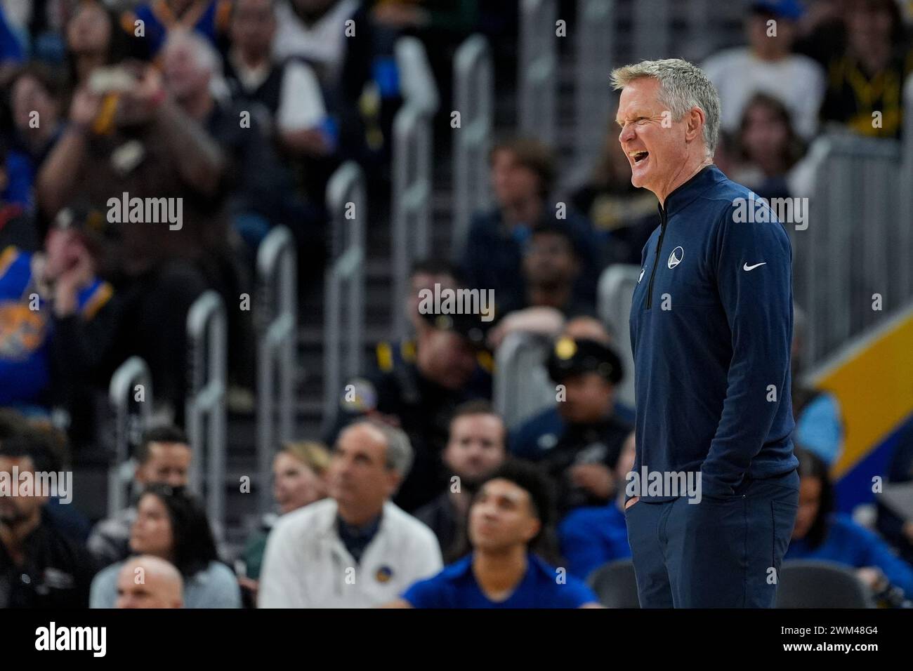 Golden State Warriors coach Steve Kerr reacts during the first half of ...