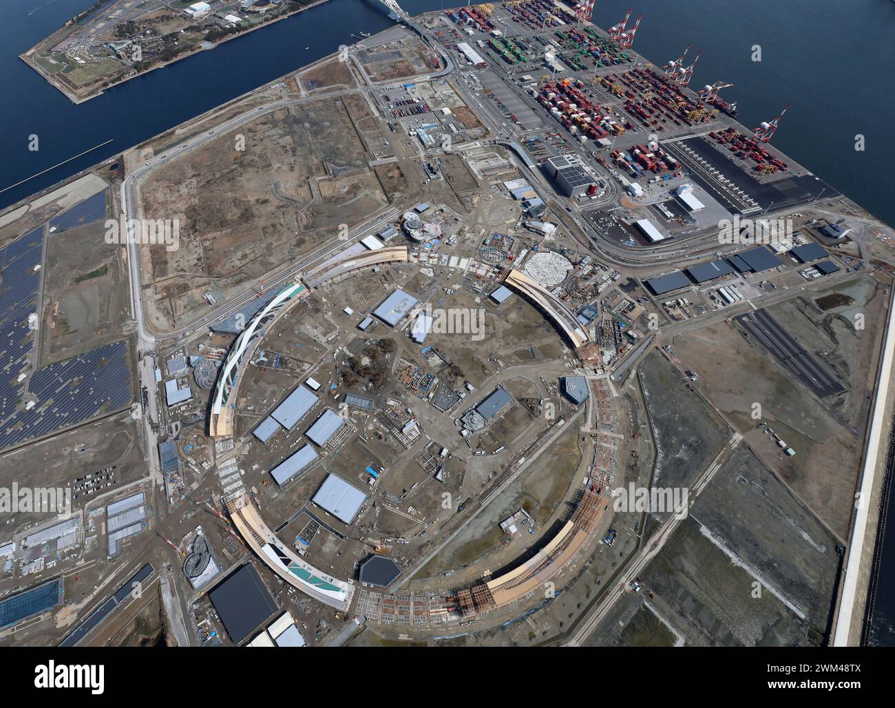 An aerial photo shows Yumeshima, the venue for Expo 2025 Osaka, Kansai ...