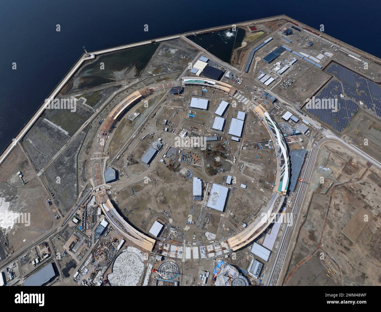 An aerial photo shows Yumeshima, the venue for Expo 2025 Osaka, Kansai ...