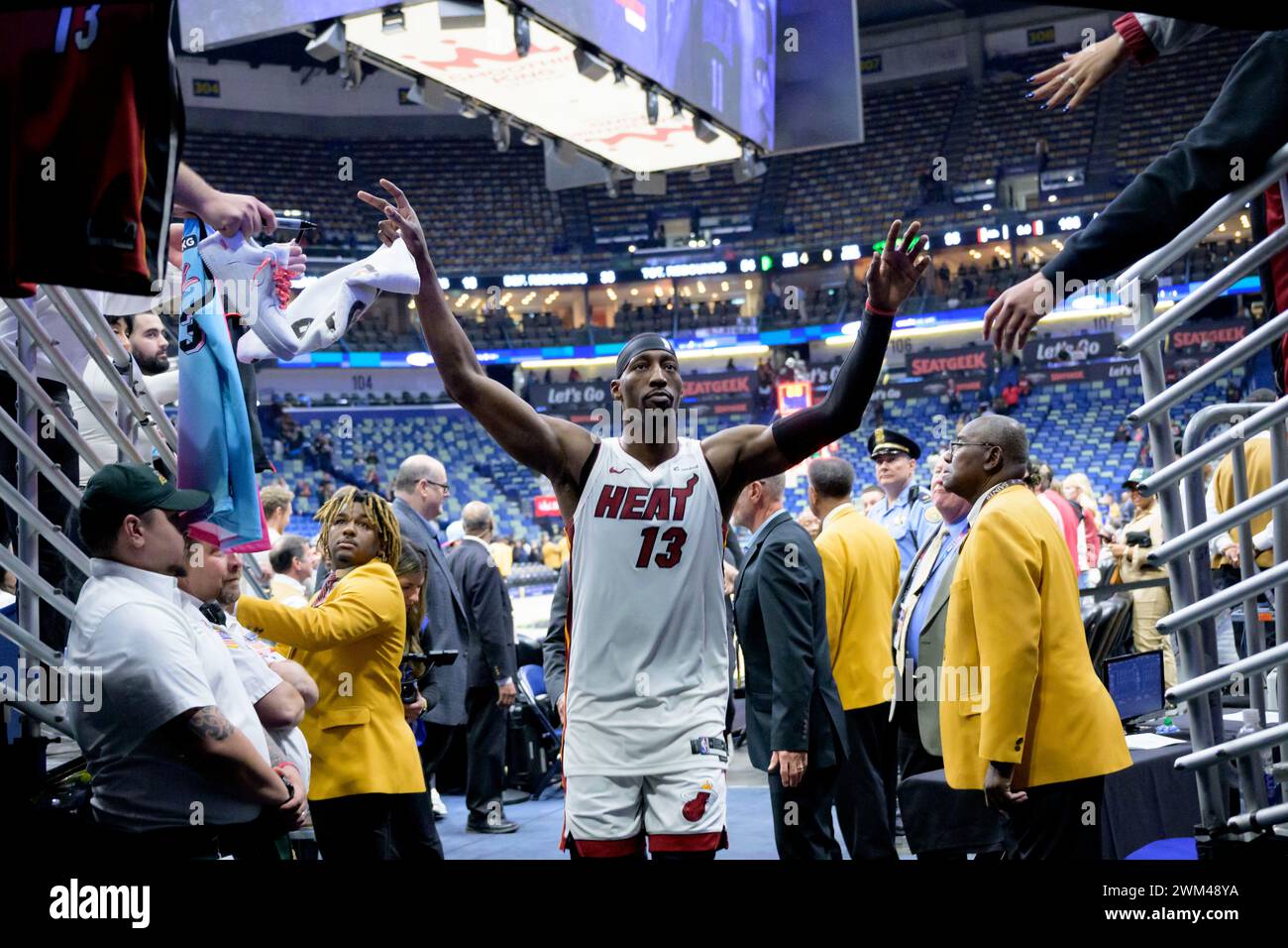 Miami Heat center Bam Adebayo (13) leaves the court after defeating the ...