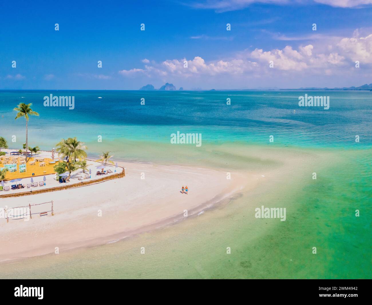 a couple of men and woman walking at the beach during a tropical ...