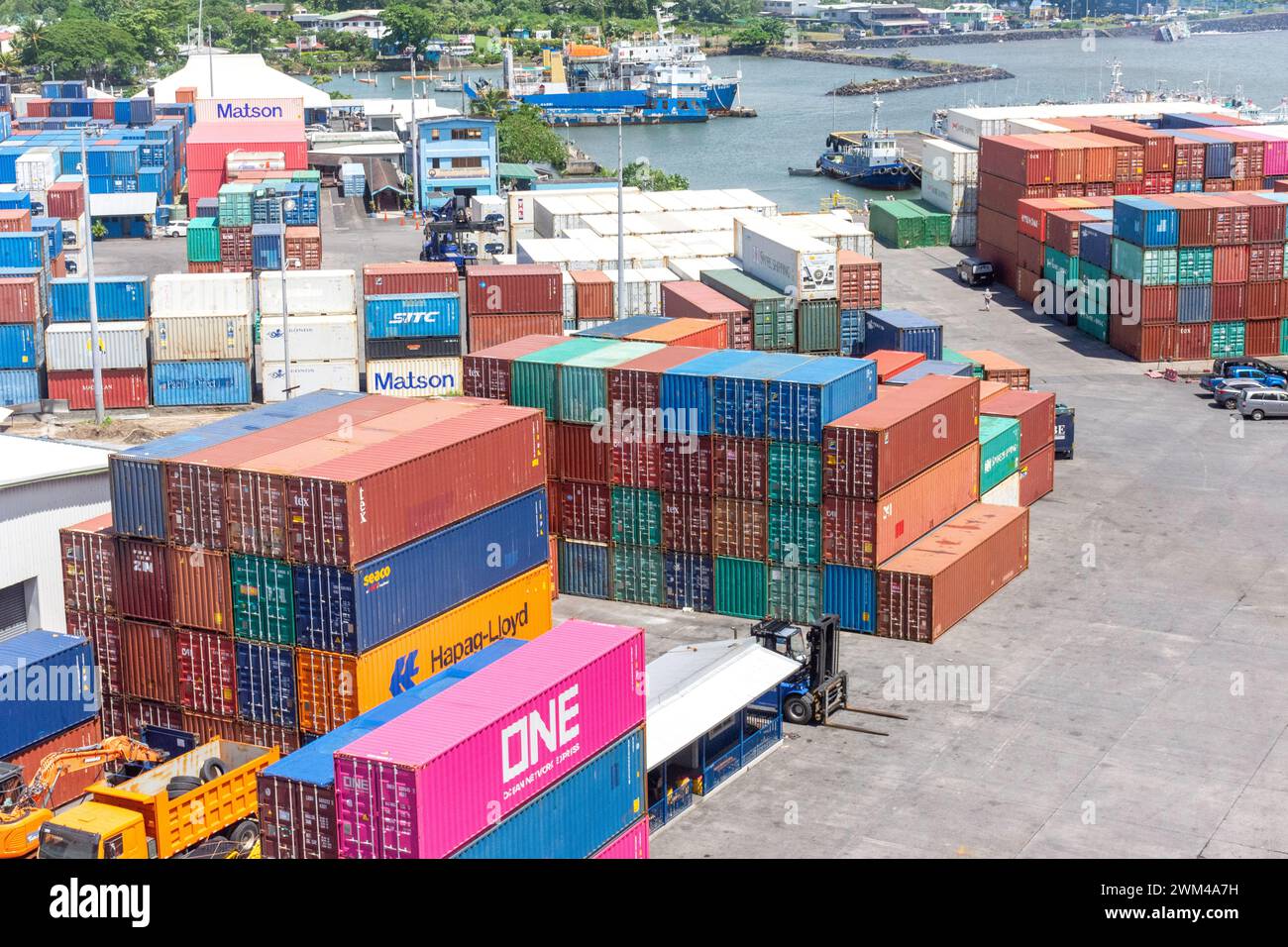 Containers stacked at The Wharf, Apia, Upolu Island, Samoa Stock Photo ...