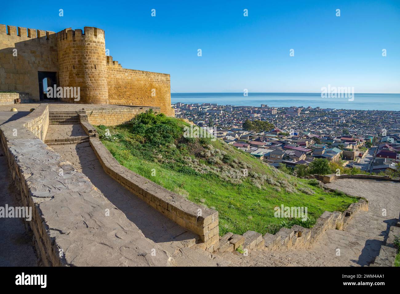 View of the city of Derbent at the foot of the ancient fortress ...