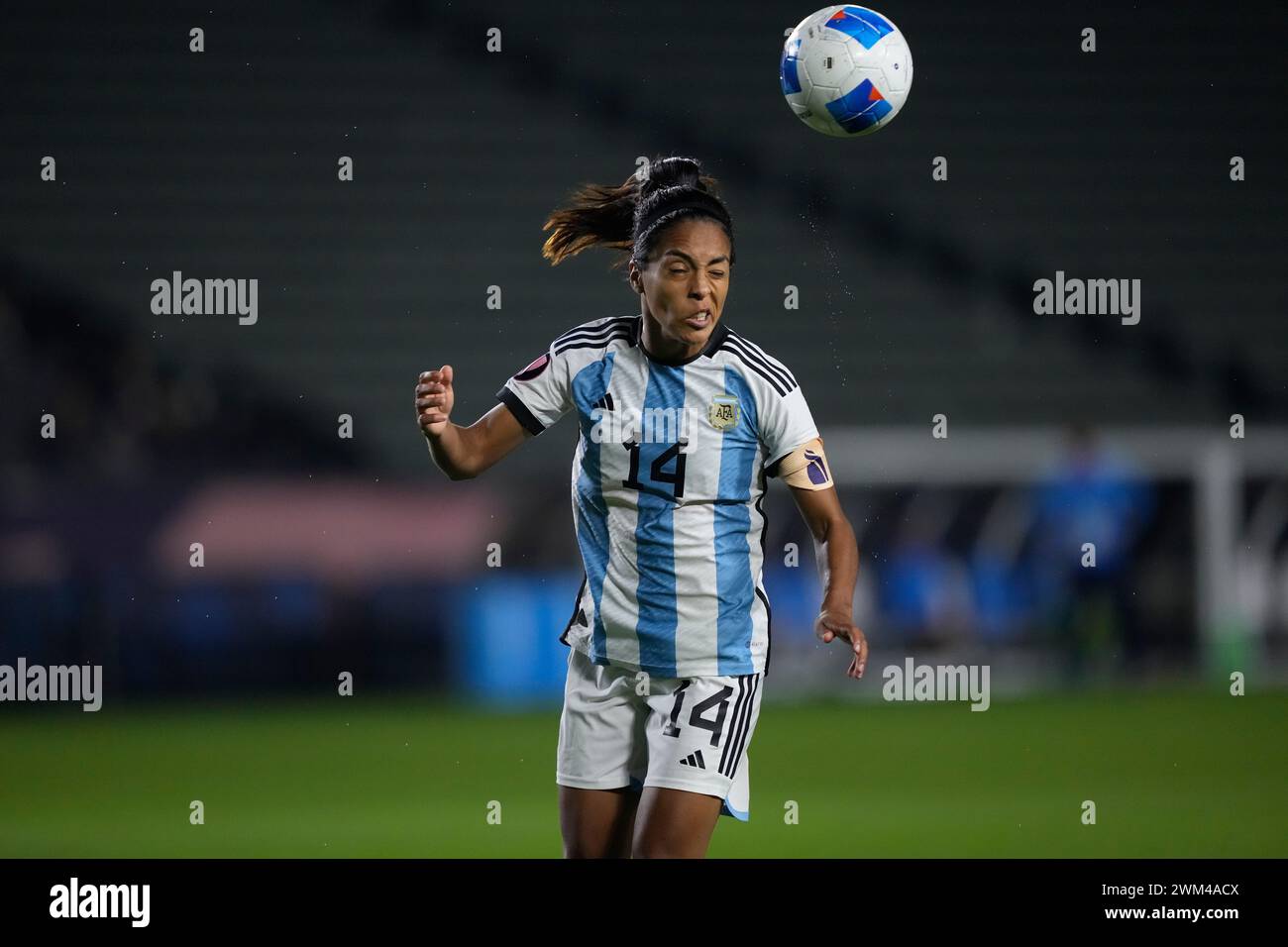 Argentina midfielder Miriam Mayorga heads the ball during the second ...