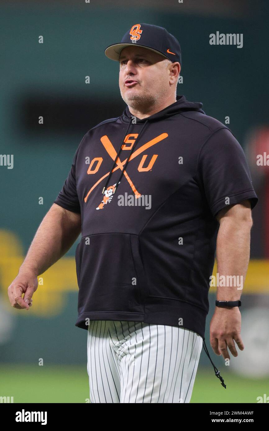 February 23, 2024: Josh Holliday Oklahoma State Head Coach speaks with ...