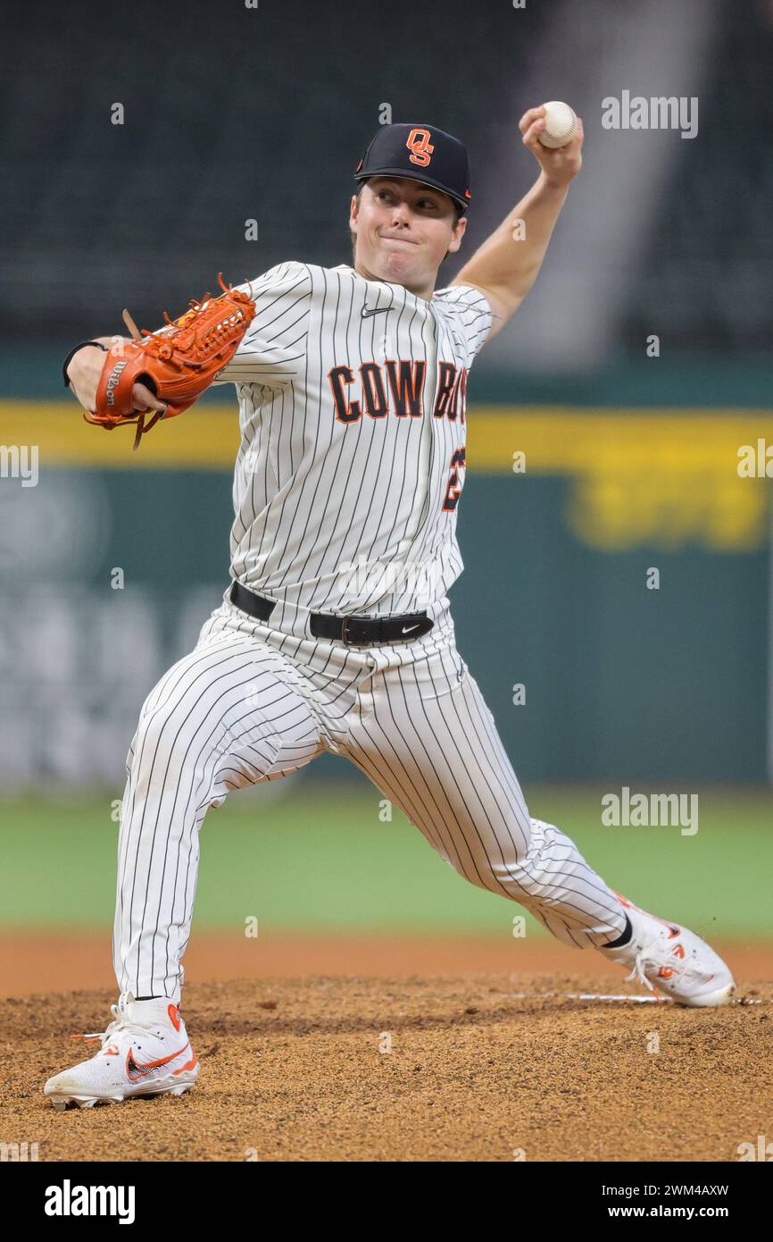 February 23, 2024: Sam Garcia #27 Cowboys pitcher prepares to deliver a ...