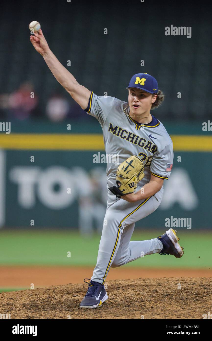 February 23, 2024: Jackson Muir #28 of Michigan releases a ball from ...