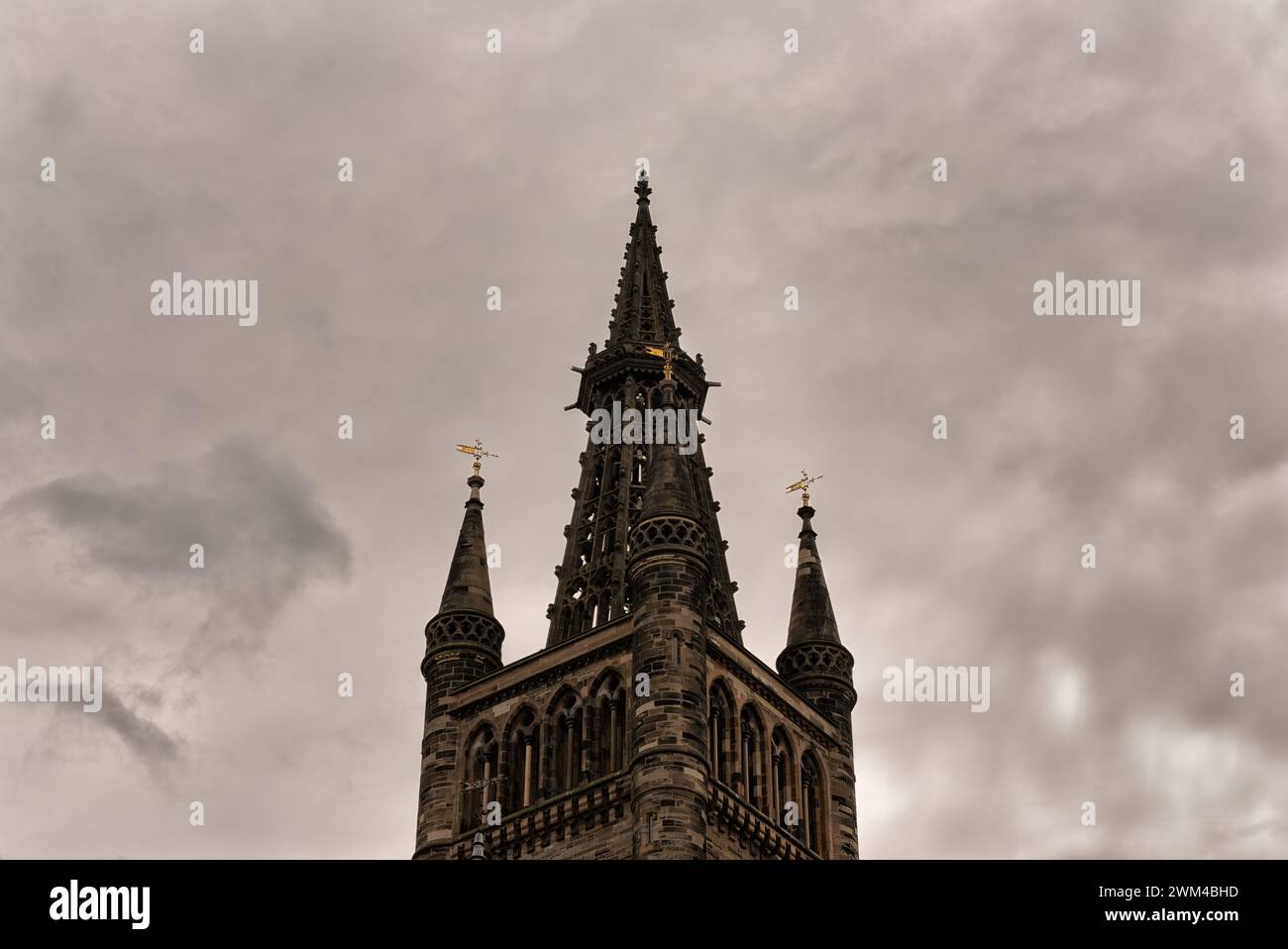 The gothic bell tower turrets of the University of Glasgow buildings ...