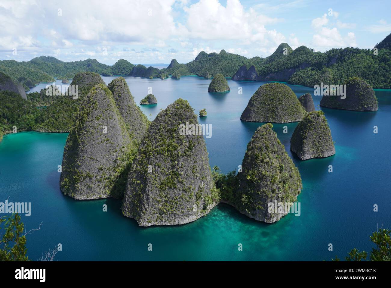 View from the top of the Wayag Islands. Blue Lagoon and limestone ...