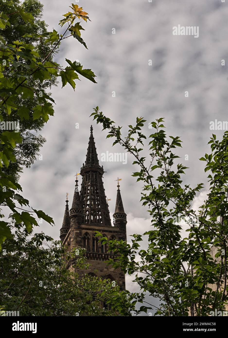 The gothic bell tower turrets of the University of Glasgow buildings ...