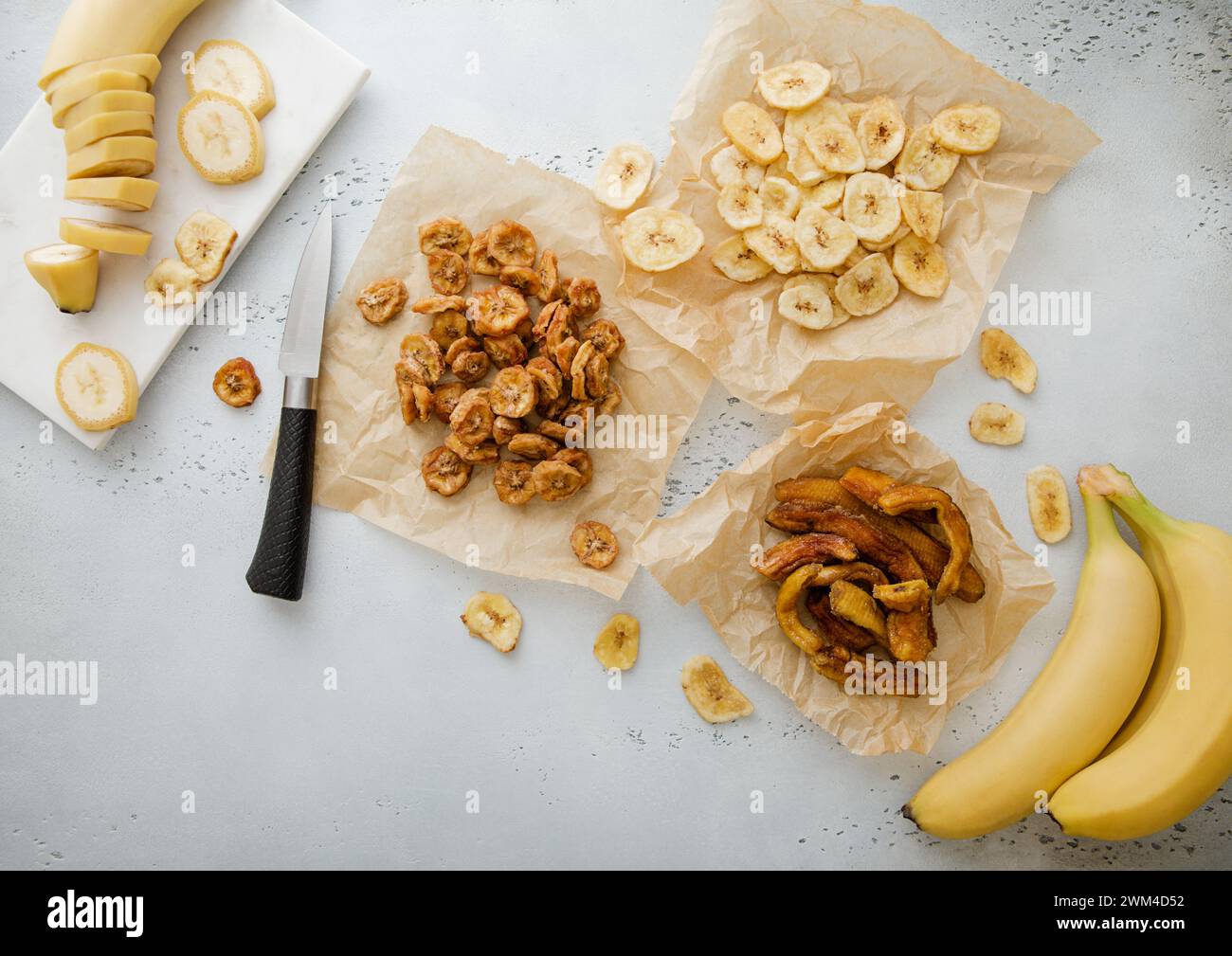 Various crunchy and chewy banana slices and chips snack with raw banana ...