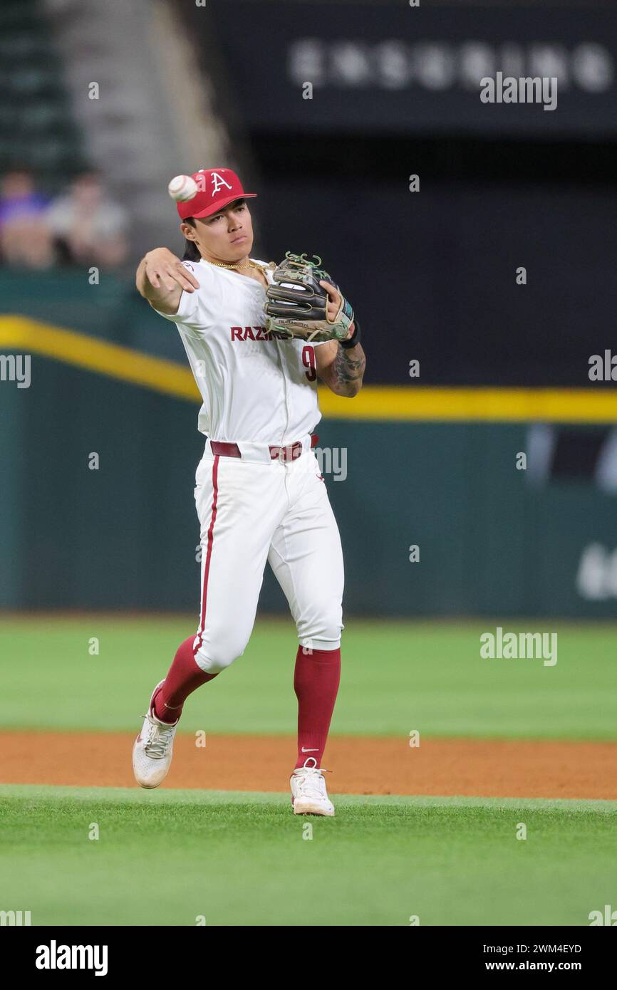 February 23, 2024: Razorback infielder Wehiwa Aloy #9 makes a throw ...