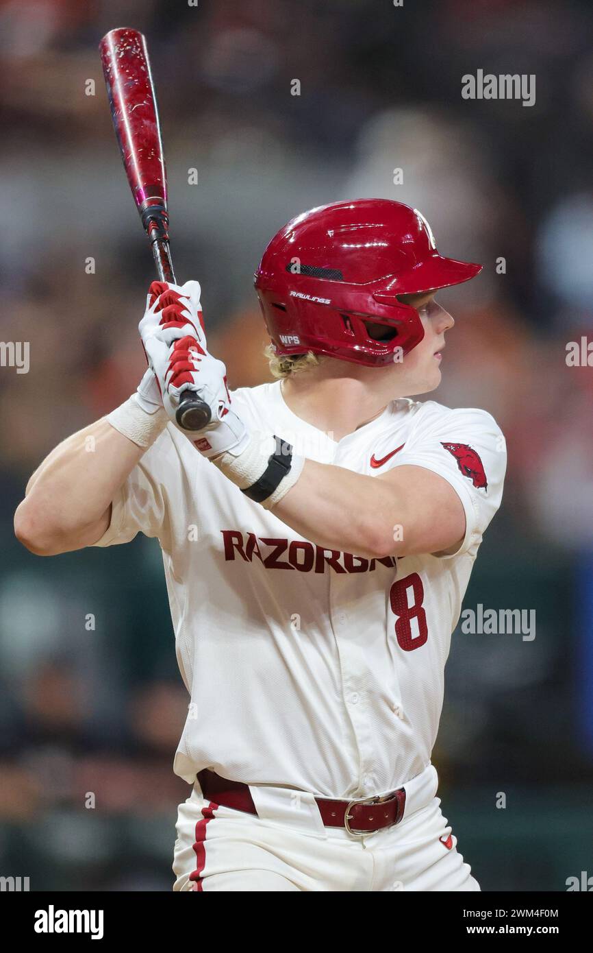 February 23, 2024: Razorback catcher Hudson White #8 steps into the ...
