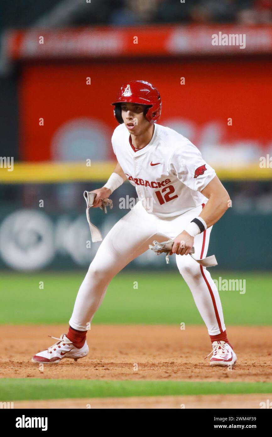 February 23, 2024: Arkansas base runner Jared Sprague-Lott #12 works to ...