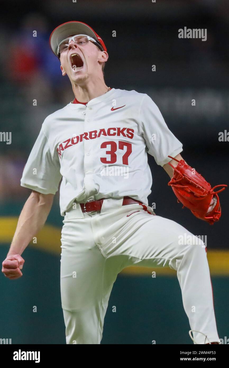 February 23, 2024: Razorback pitcher Jake Faherty #37 jumps with ...