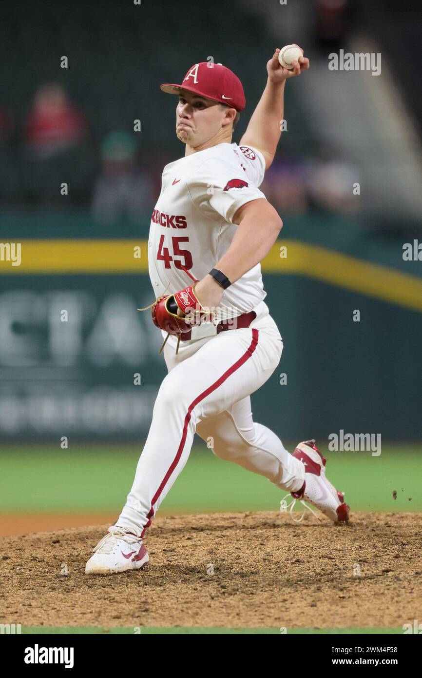February 23, 2024: Arkansas pitcher Gage Wood #45 prepares to release a ...