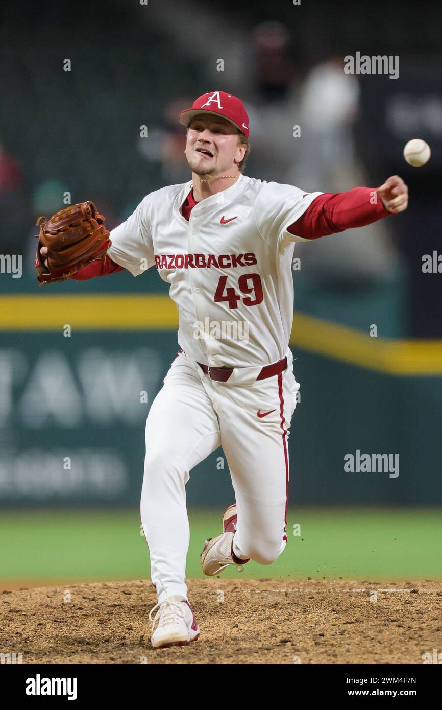 February 23, 2024: Arkansas pitcher Stone Hewlett #49 in action from ...