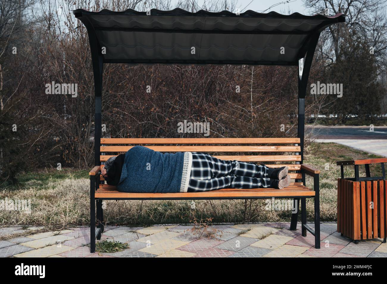 homeless elderly old man lies sleeping on a park bench in autumn Stock ...