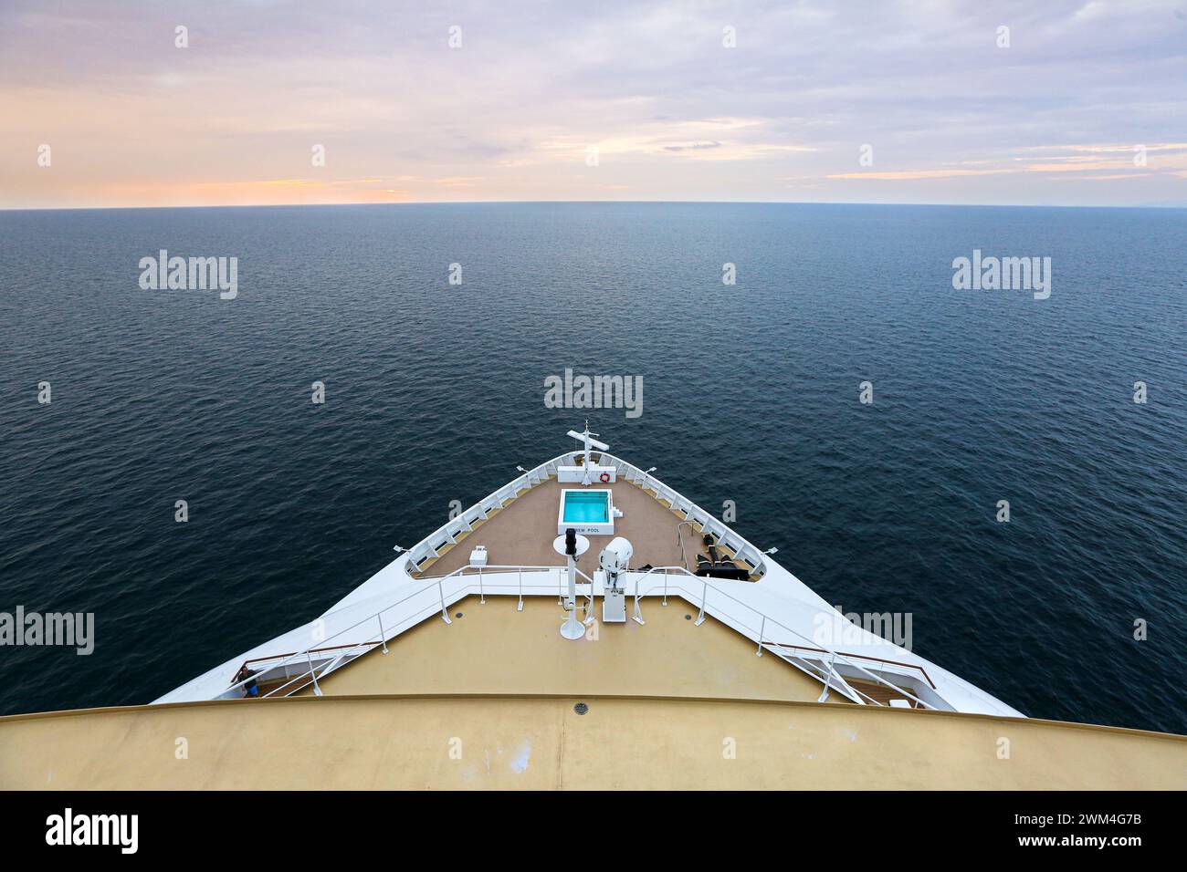 Cruise ship Norwegian Jade view from the bridge at sea, bow & crew pool ...