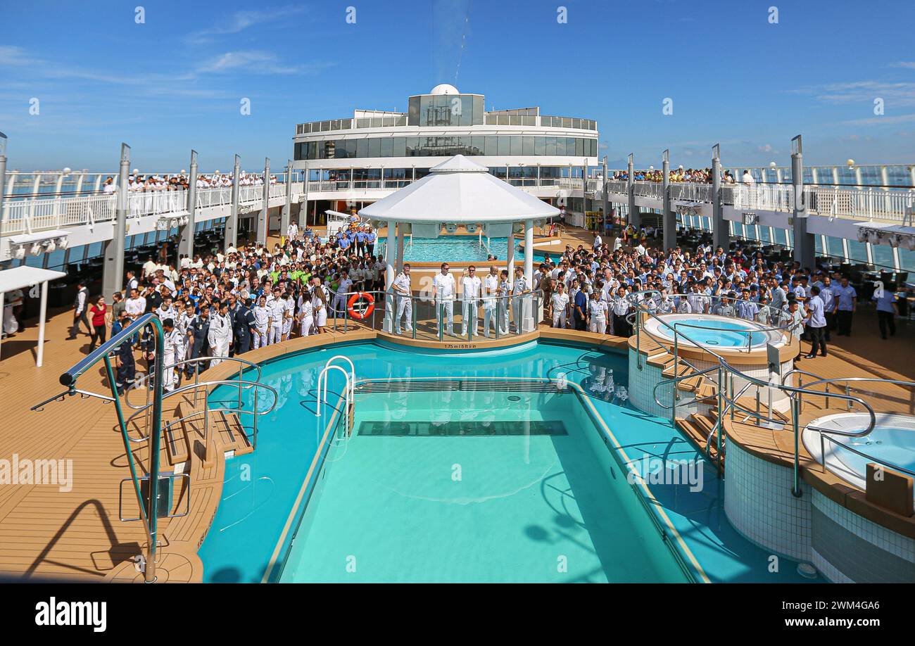 Christmas crew members group picture on pool deck, American cruise ship ...