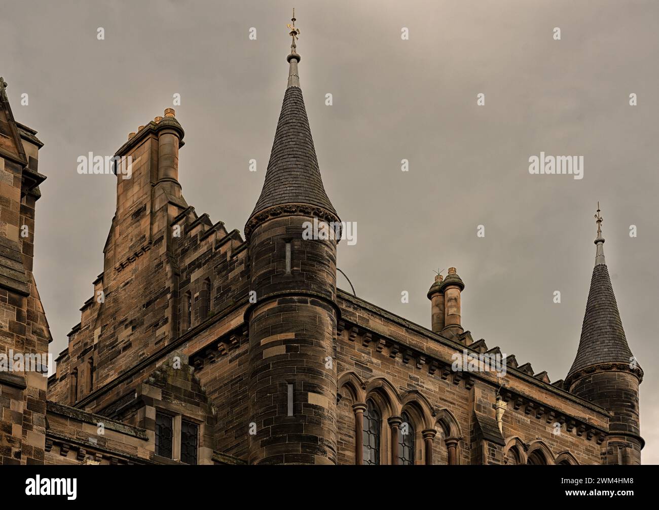 The gothic bell tower turrets of the University of Glasgow buildings ...