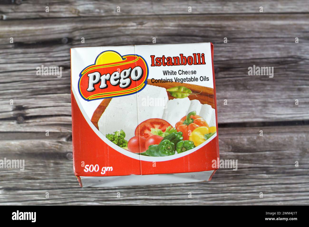 Cairo, Egypt, February 19 2024: Prego Istanbolli white cheese contains ...