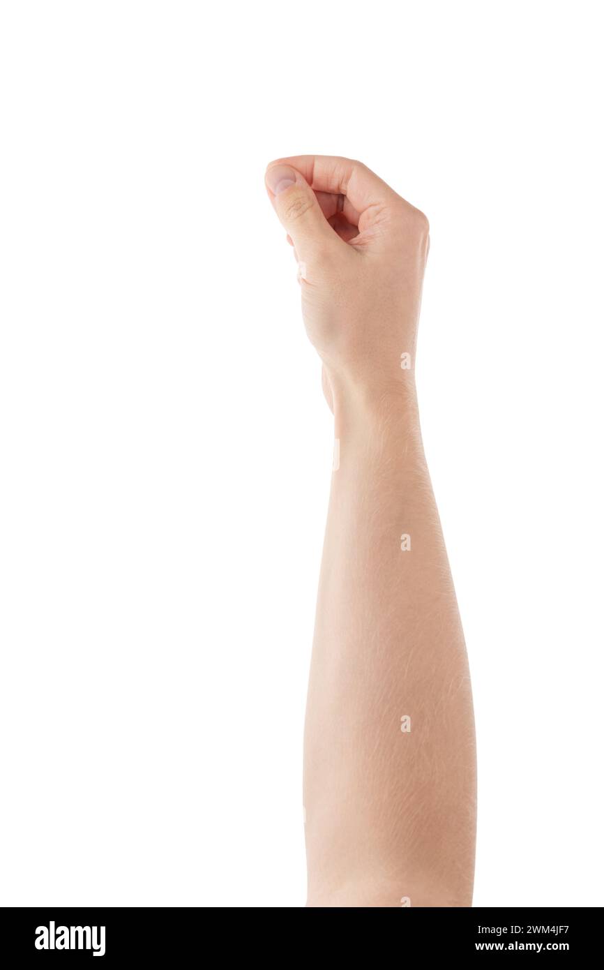 Adult man hand hold something with fingers isolated on white background, high detailed Stock ...