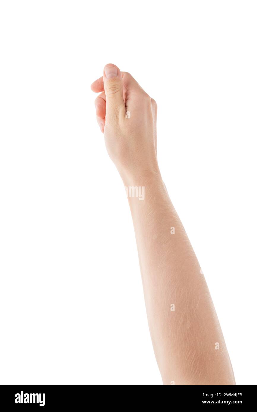 Adult man hand hold something with fingers isolated on white background, high detailed Stock ...