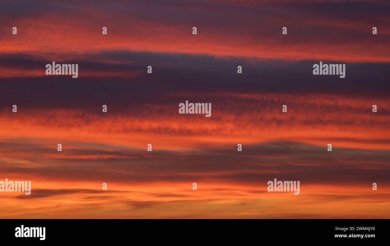 Dramatic sunset with vibrant clouds lit by a sun, nature background ...