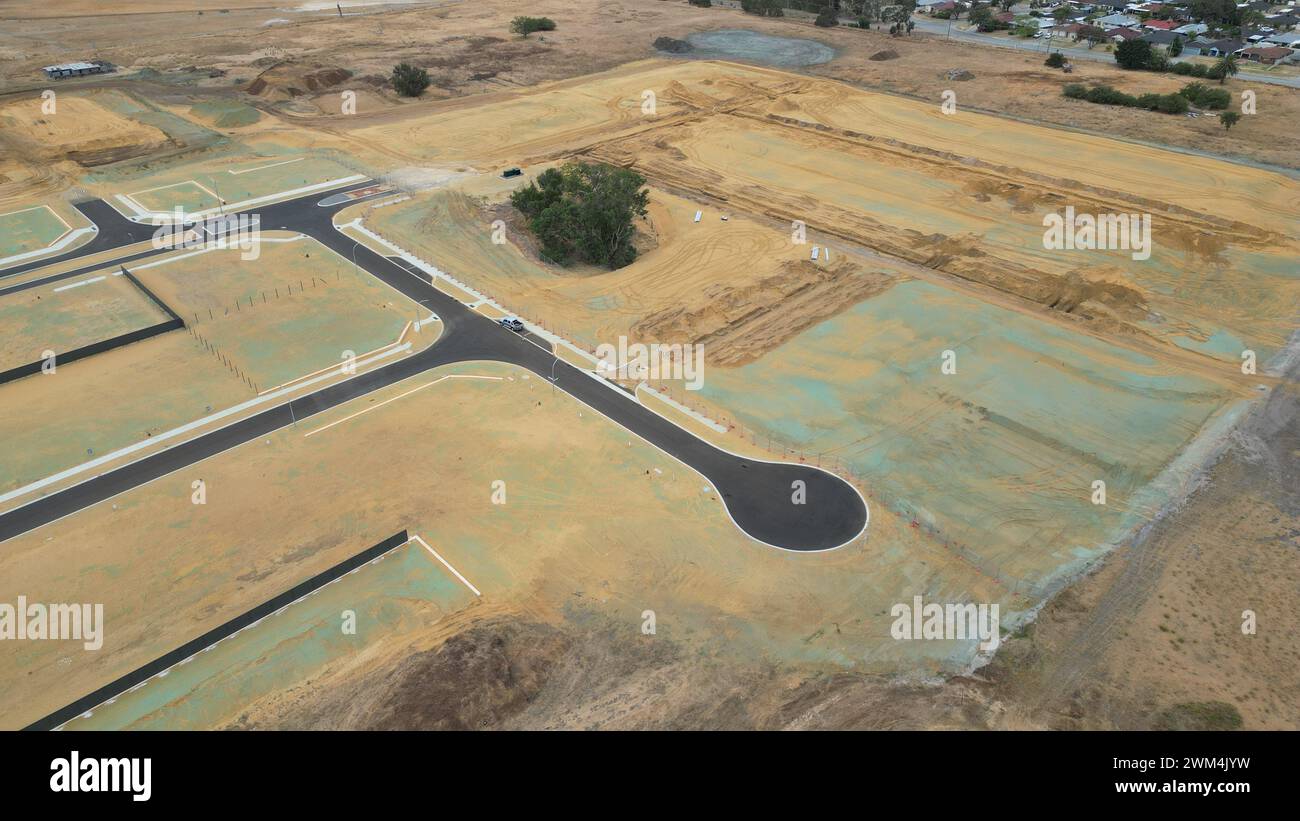 New housing plots and road layout of a new hosing estate seen from the ...