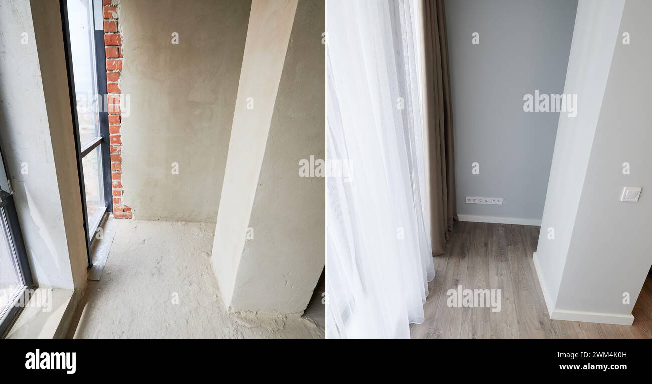 Empty apartment room with plastic windows before and after restoration ...