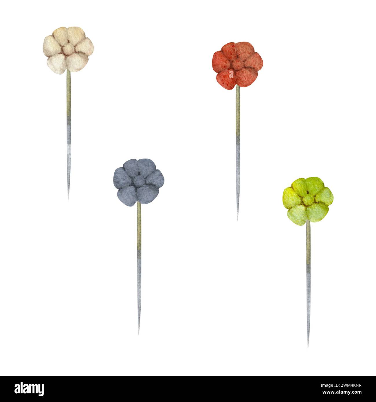 Hand drawn watercolor illustration sewing craft supplies. Safety pins ...